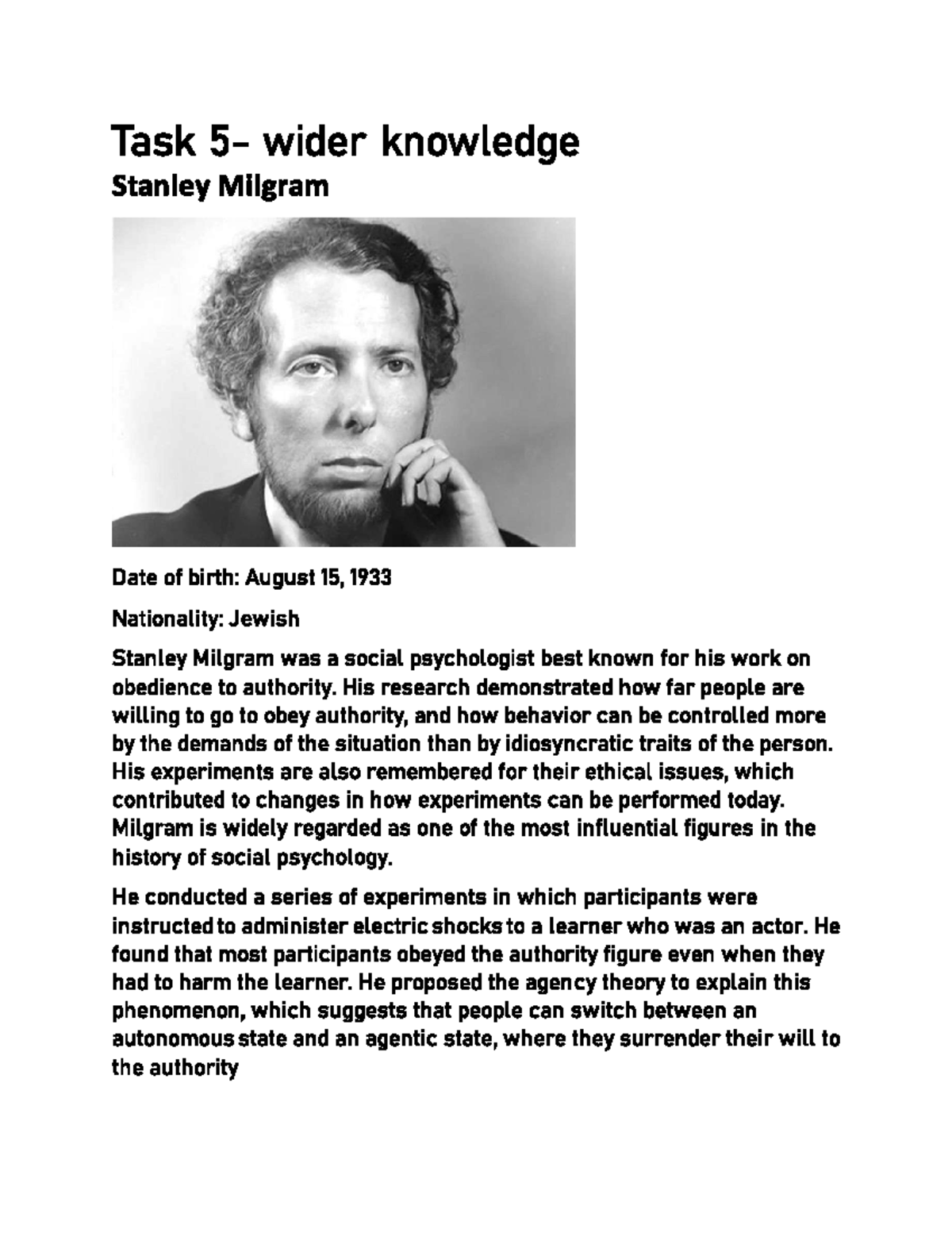 Pschyycology work - questions - Task 5 wider knowledge Stanley Milgram ...