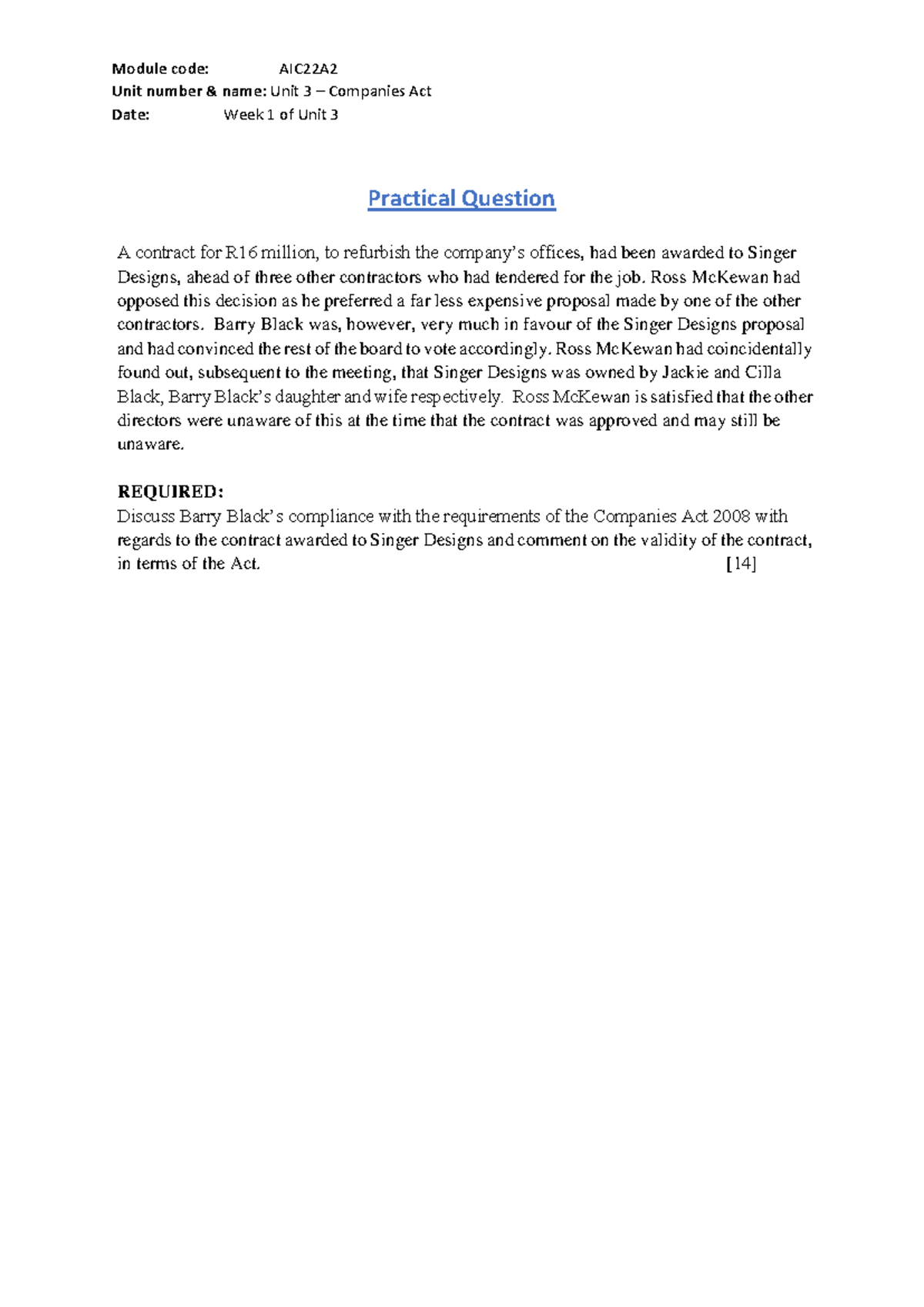 AIC22A2 Class question - 11 March - Module code: AIC22A Unit number & name: Unit 3 – Companies ...