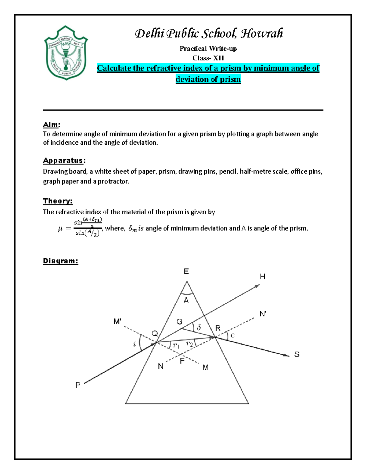R.I. OF Prism BY Minimum Deviation Write-UP - Delhi Public School ...