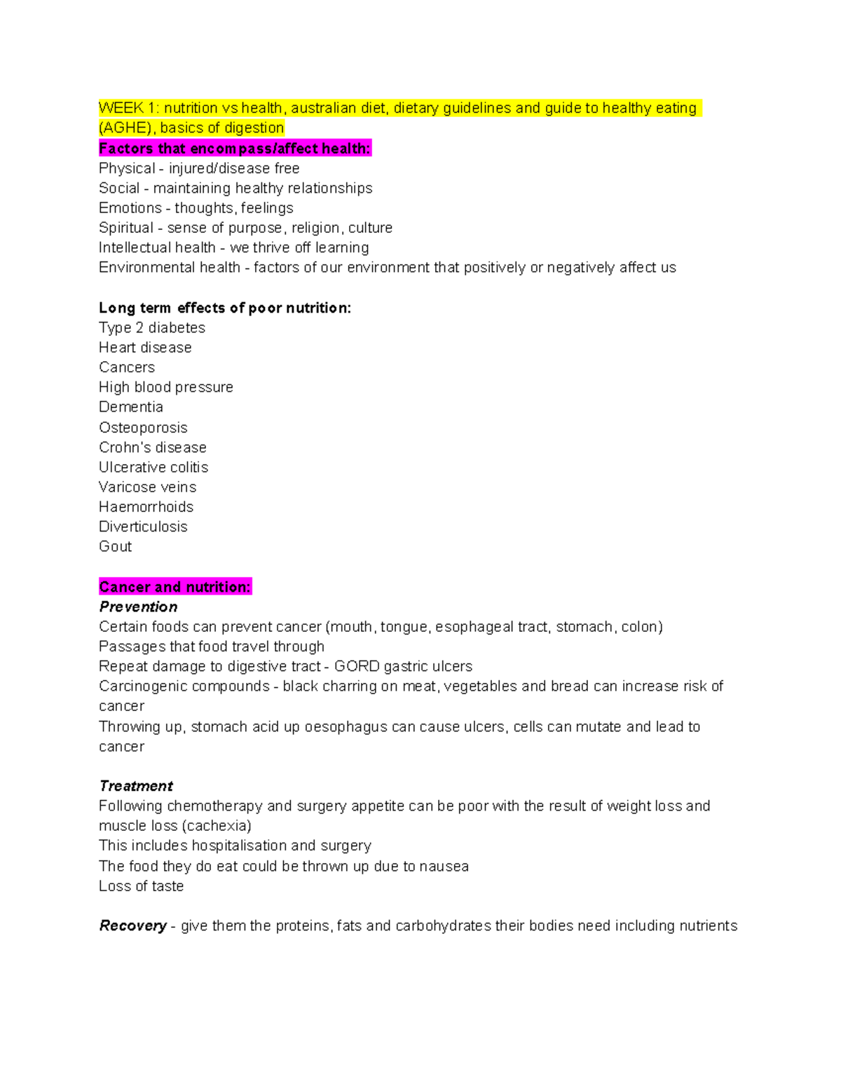 Diet and nutrition quiz notes - WEEK 1: nutrition vs health, australian ...