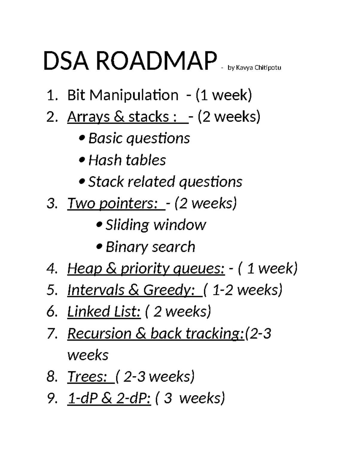 DSA Roadmap - DSA ROADMAP - by Kavya Chitipotu Bit Manipulation - (1 week) Arrays & stacks ...