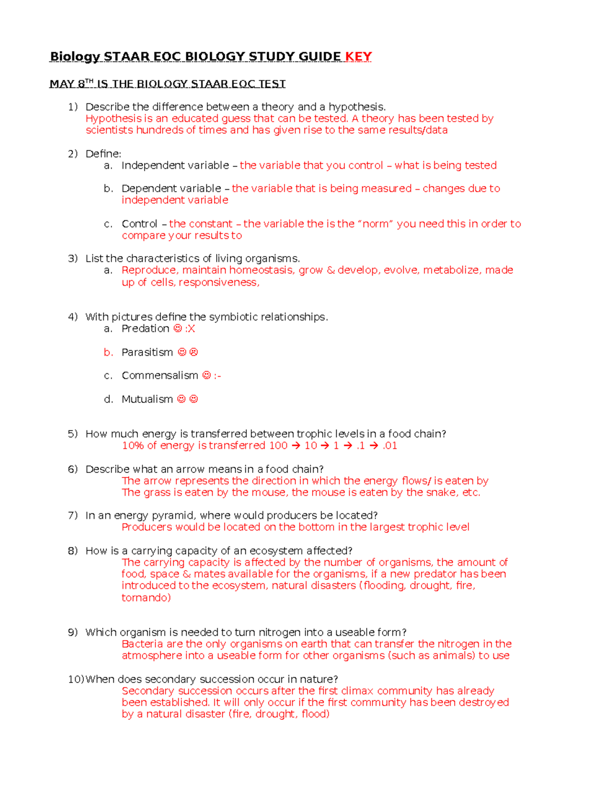 Biology Staar EOC Biology Study Guide KEY - Biology STAAR EOC BIOLOGY ...
