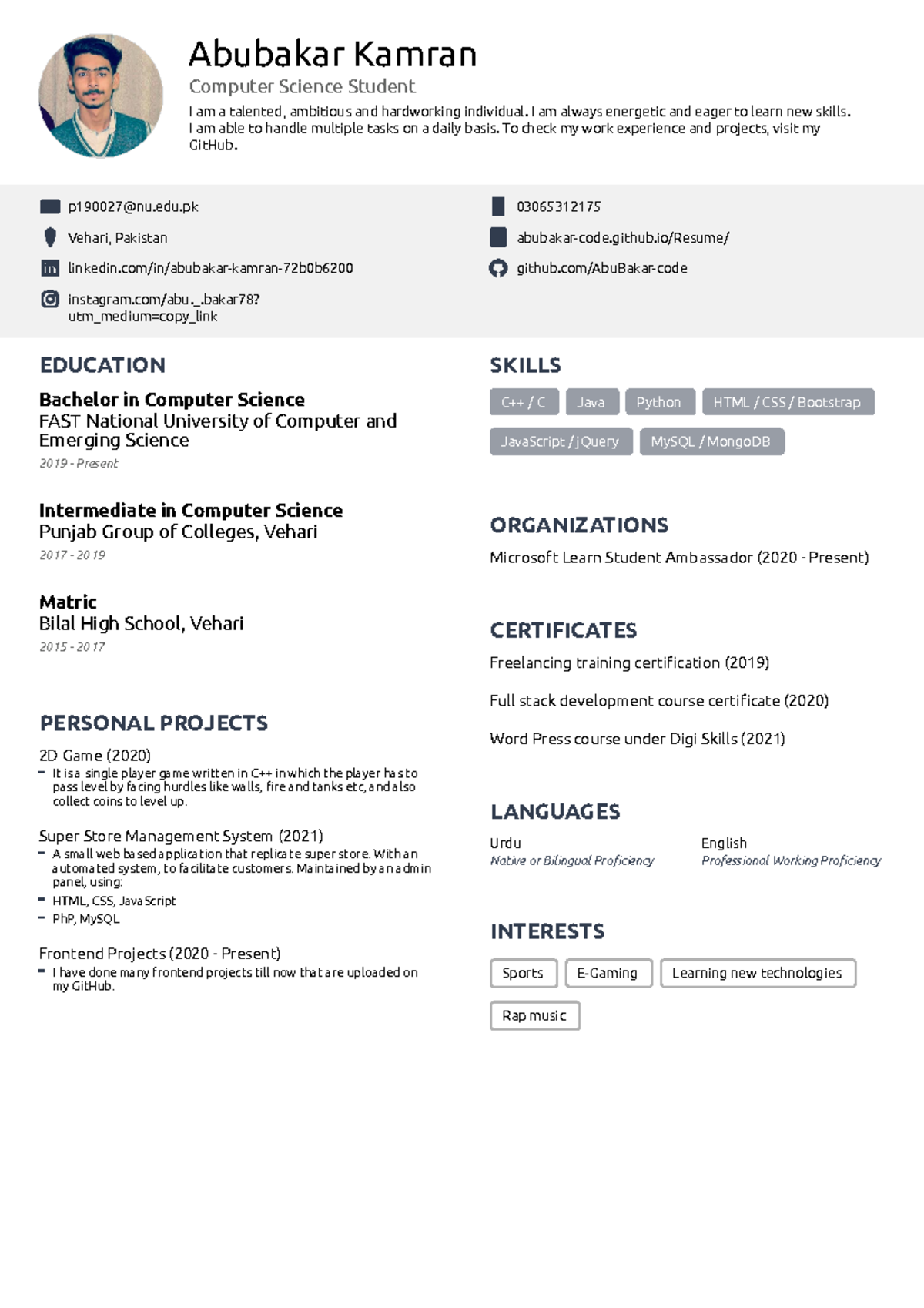 Resume - zxcvbnm - Abubakar Kamran Computer Science Student I am a talented, ambitious and - Studocu