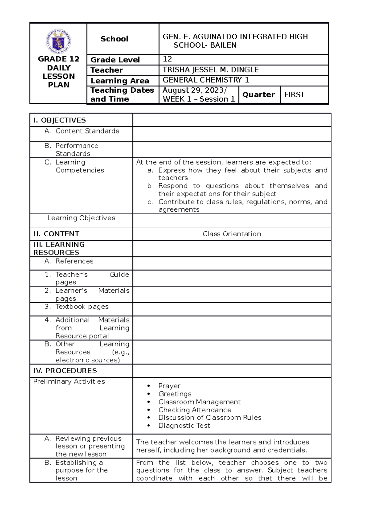 Gen Chemistry 1 DLP Q1W1 - GRADE 12 DAILY LESSON PLAN School GEN. E ...