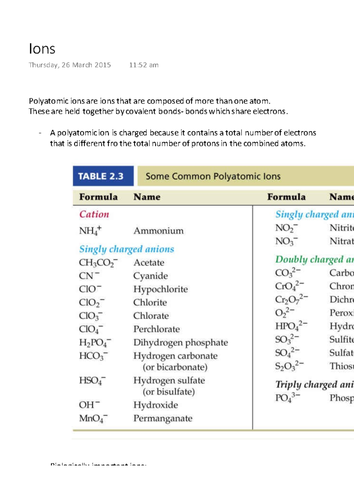 Lecture Notes, Lecture 4 - Ions and Their Characteristics - Polyatomic ...