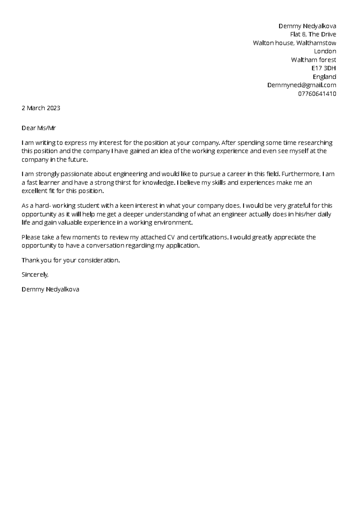 Cover letter for mock interveiw - Demmy Nedyalkova Flat 8, The Drive ...