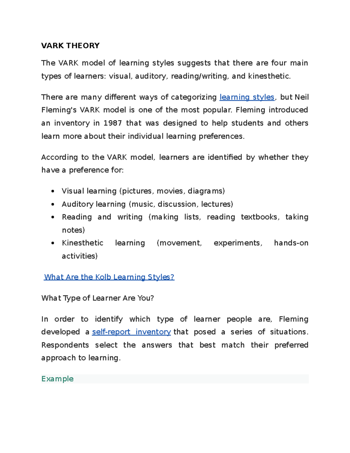 VARK Theory - VARK THEORY The VARK model of learning styles suggests ...