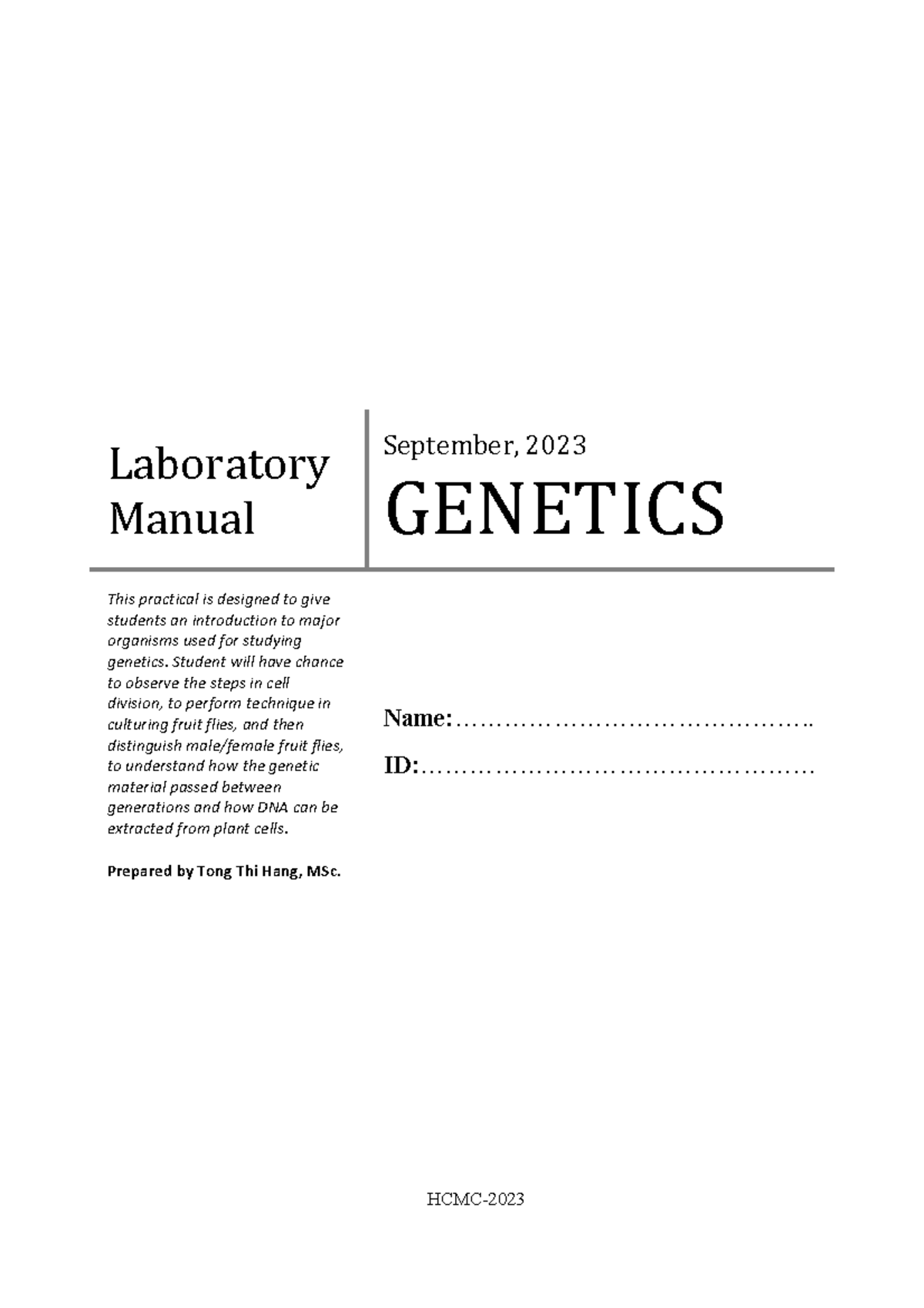 Geneticslabmanual 2324 - Copy - HCMC- Laboratory Manual September, 2023 ...