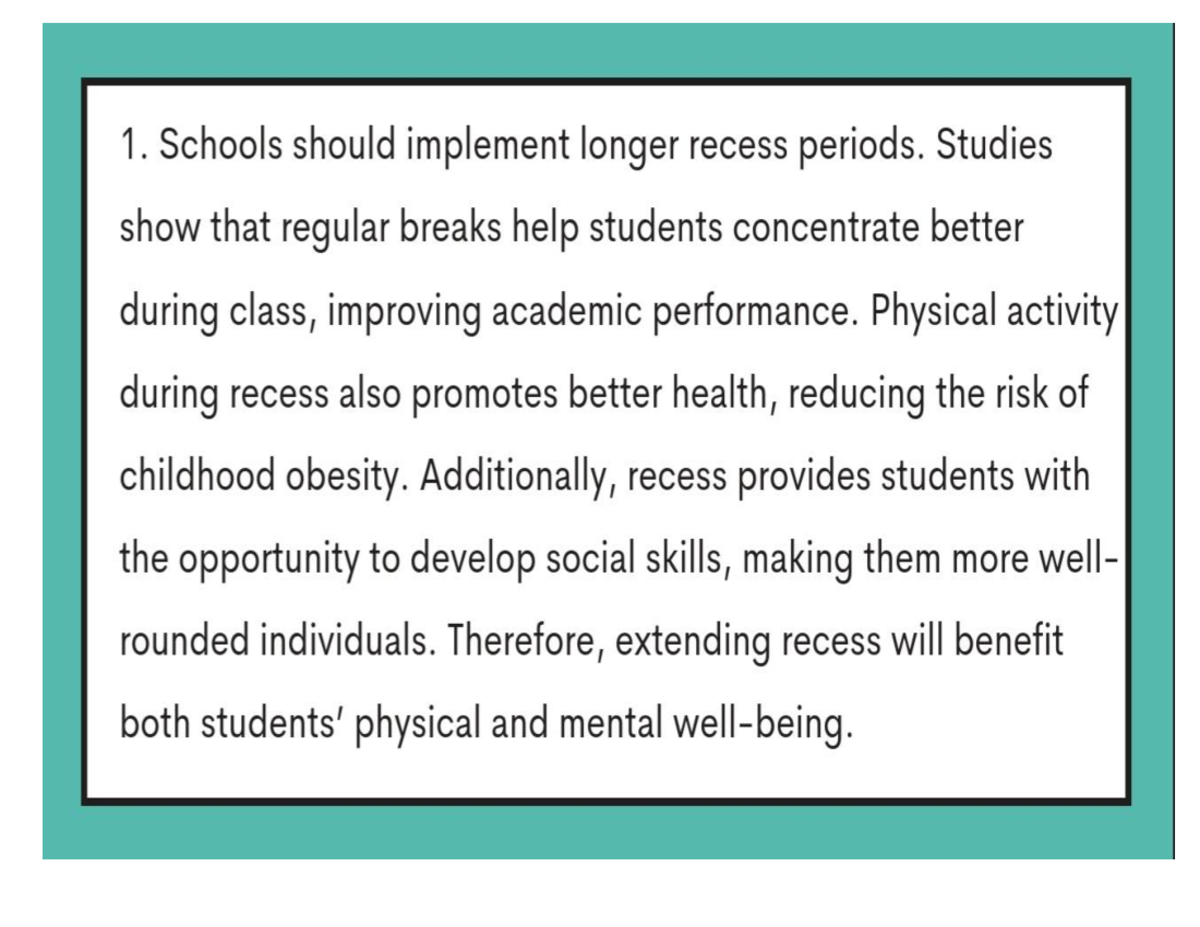 Essay enrichment - No description - 1. Schools should implement longer ...