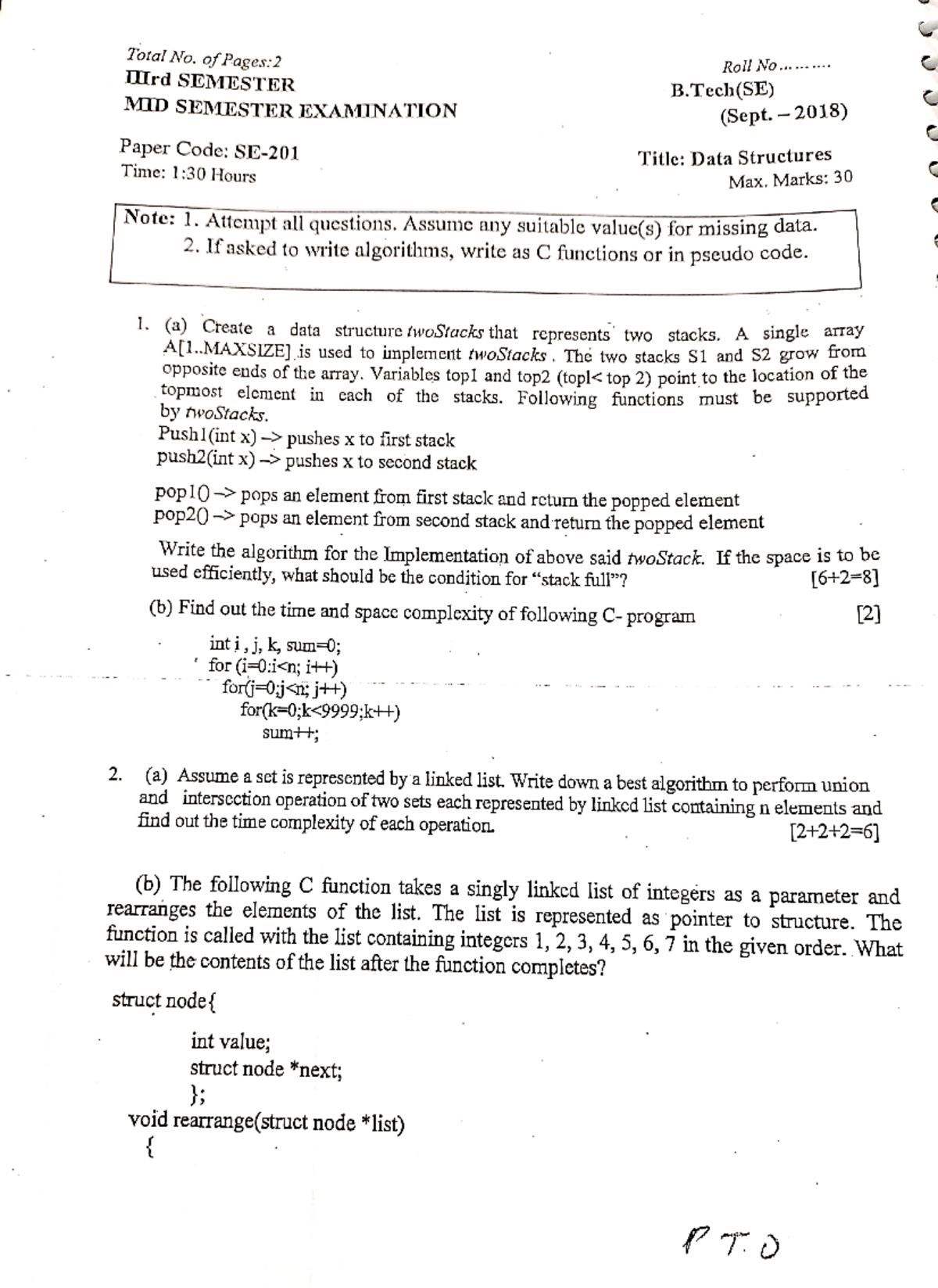 New SE 2K18 Mid sem - Question on DSA - Data Structures 2 - Studocu