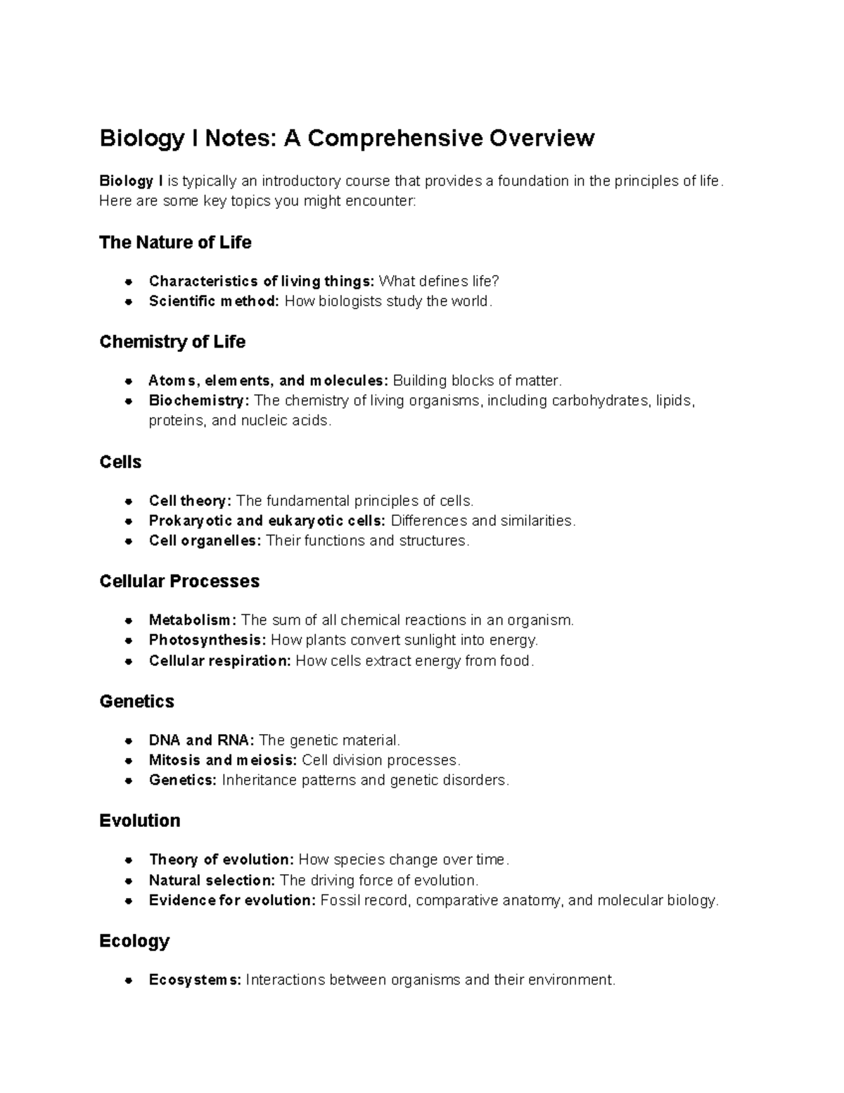 Biology I Notes (DONT USE) - Biology I Notes: A Comprehensive Overview ...