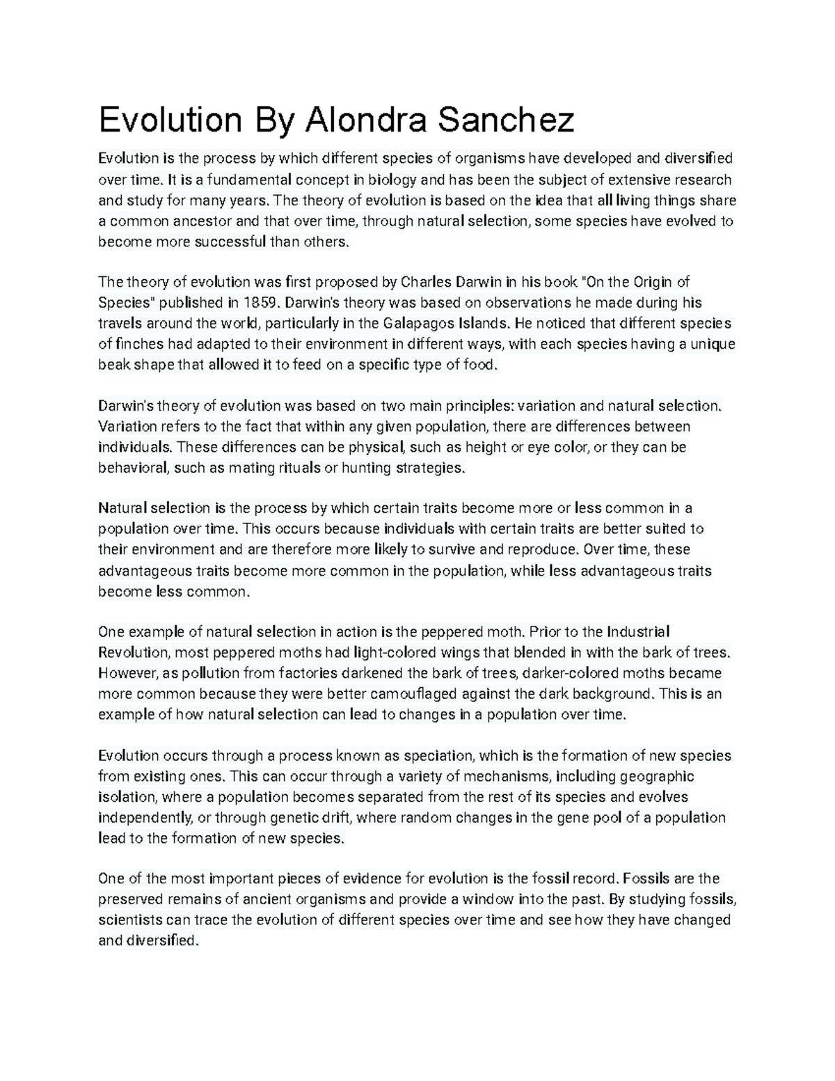 Evolution Essay - Evolution By Alondra Sanchez Evolution is the process ...
