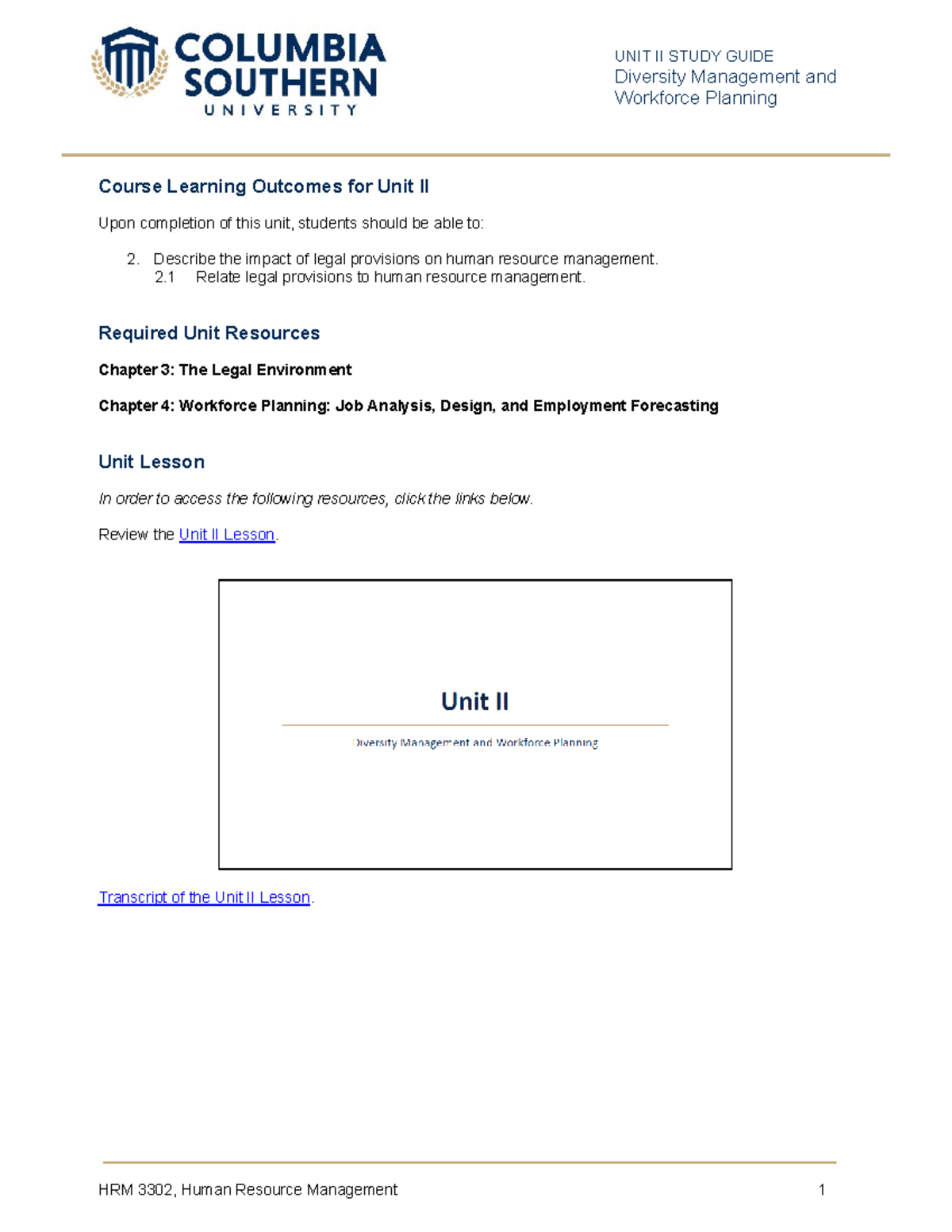 HRM 3302 Unit II Study Guide - HRM 3302, Human Resource Management 1 Course Learning Outcomes ...