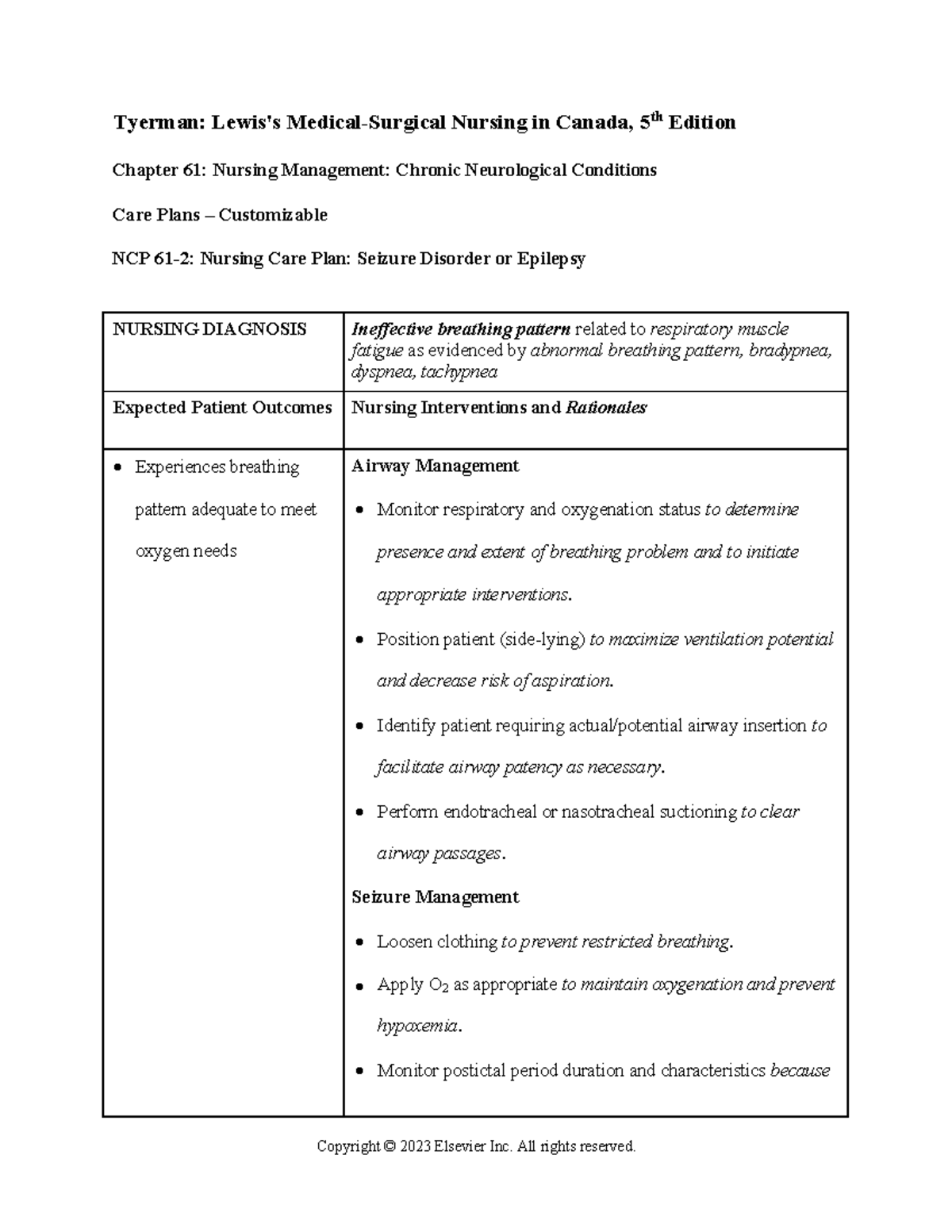 Seizure w epilep - Nursing care plan - Tyerman: Lewis's Medical ...