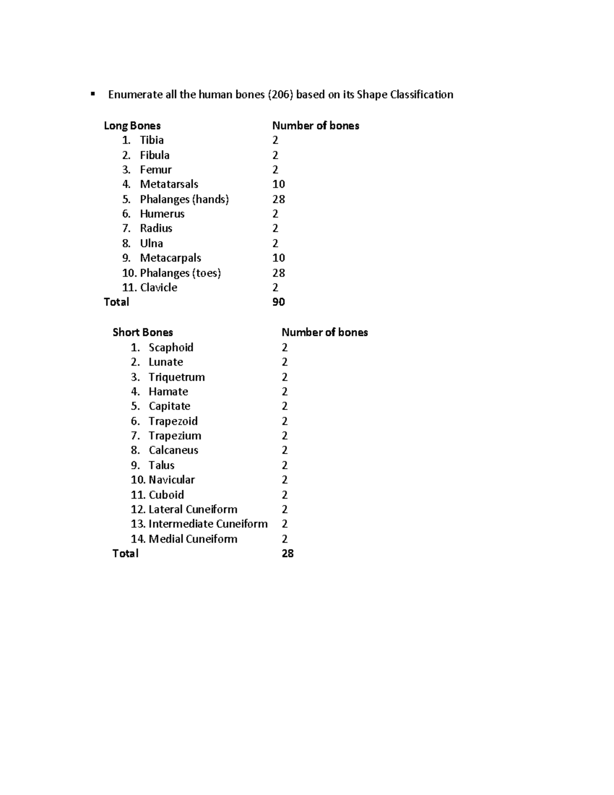 List of Bones - Enumerate all the human bones (206) based on its Shape ...