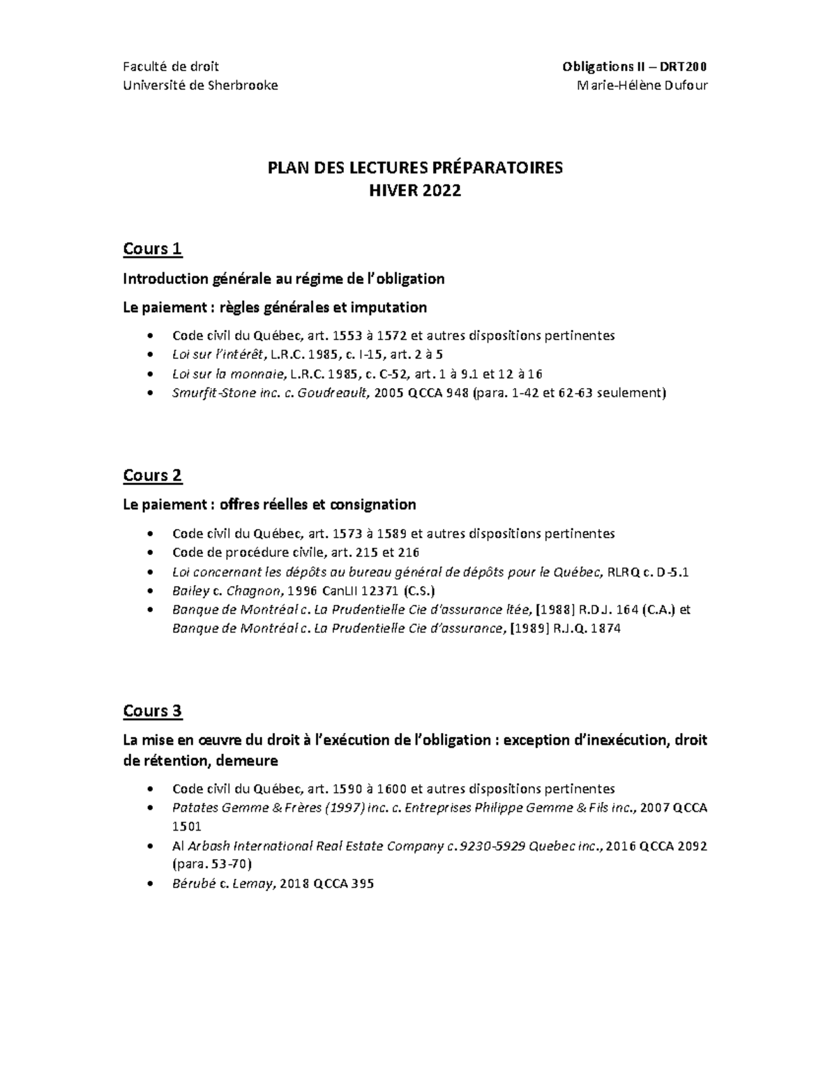 Plan des lectures H22 - Université de Sherbrooke Marie-Hélène Dufour ...