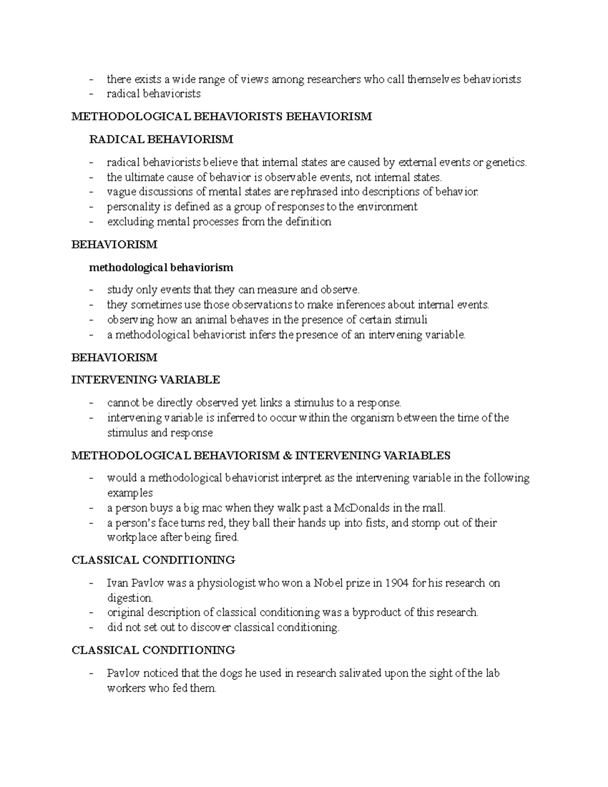 Methodological Behaviorists Behaviorism Notes 2 - there exists a wide ...