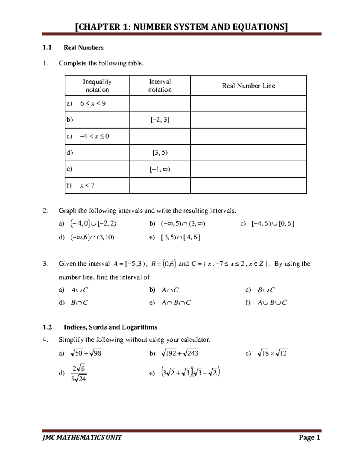 AM015 2021/2022 Chapter 1 - 1 Real Numbers Complete the following table ...