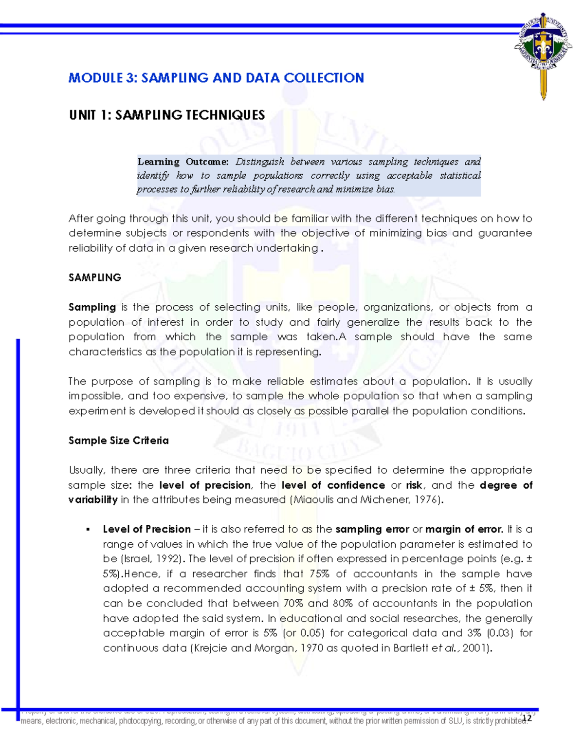 Module 3 Stats - Property of and for the exclusive use of SLU ...