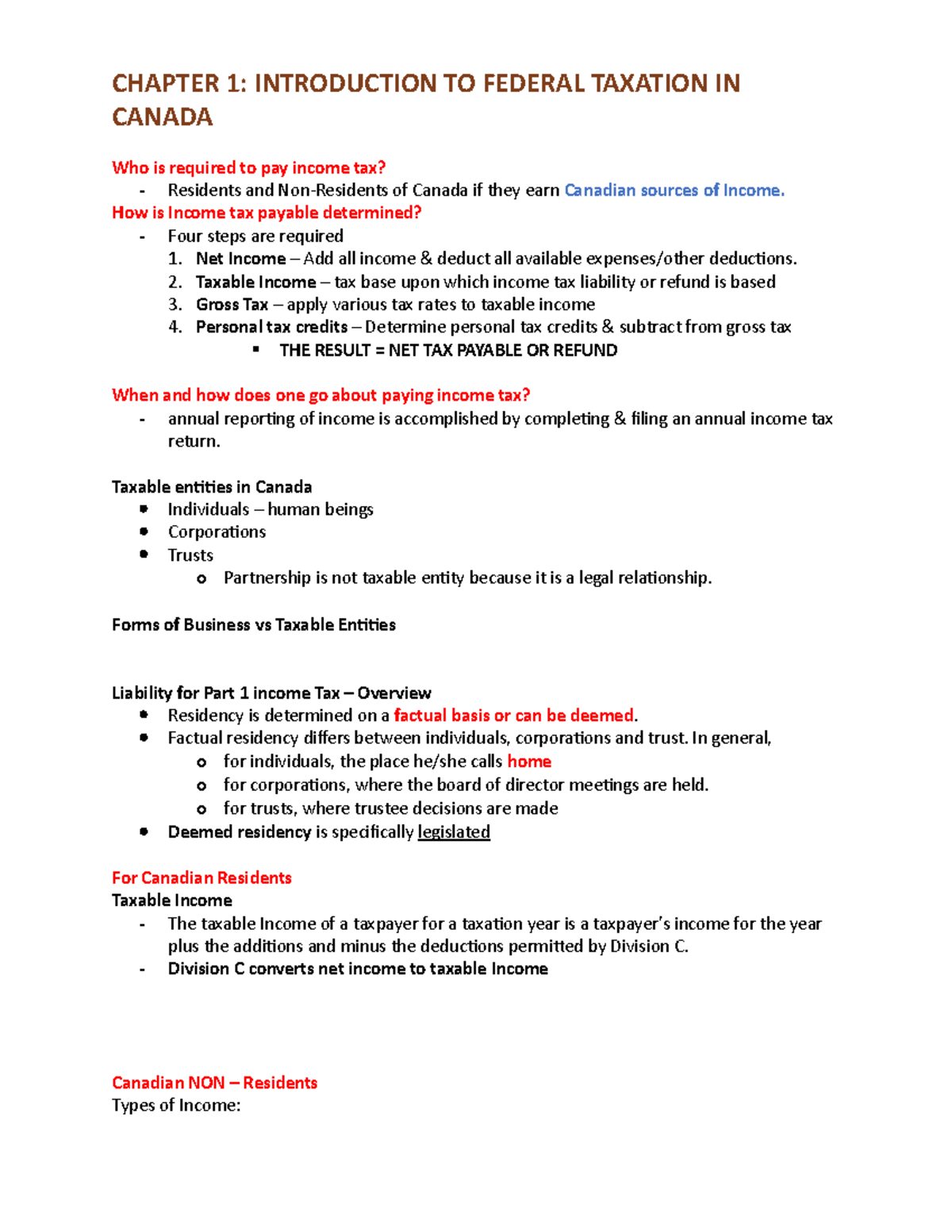 IAF320 Notes - Canadian Tax Principles - CHAPTER 1: INTRODUCTION TO ...