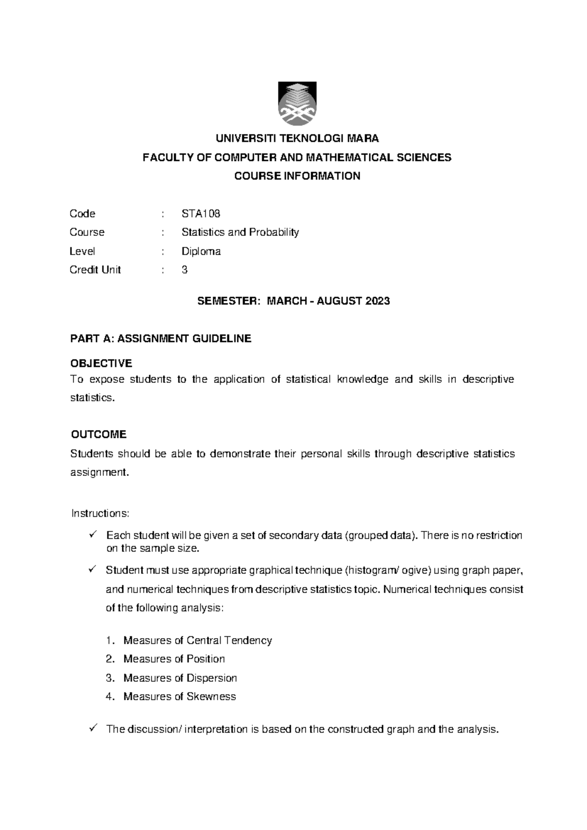 3. Assignment and Group Projects (STA108) March 2023 - UNIVERSITI ...
