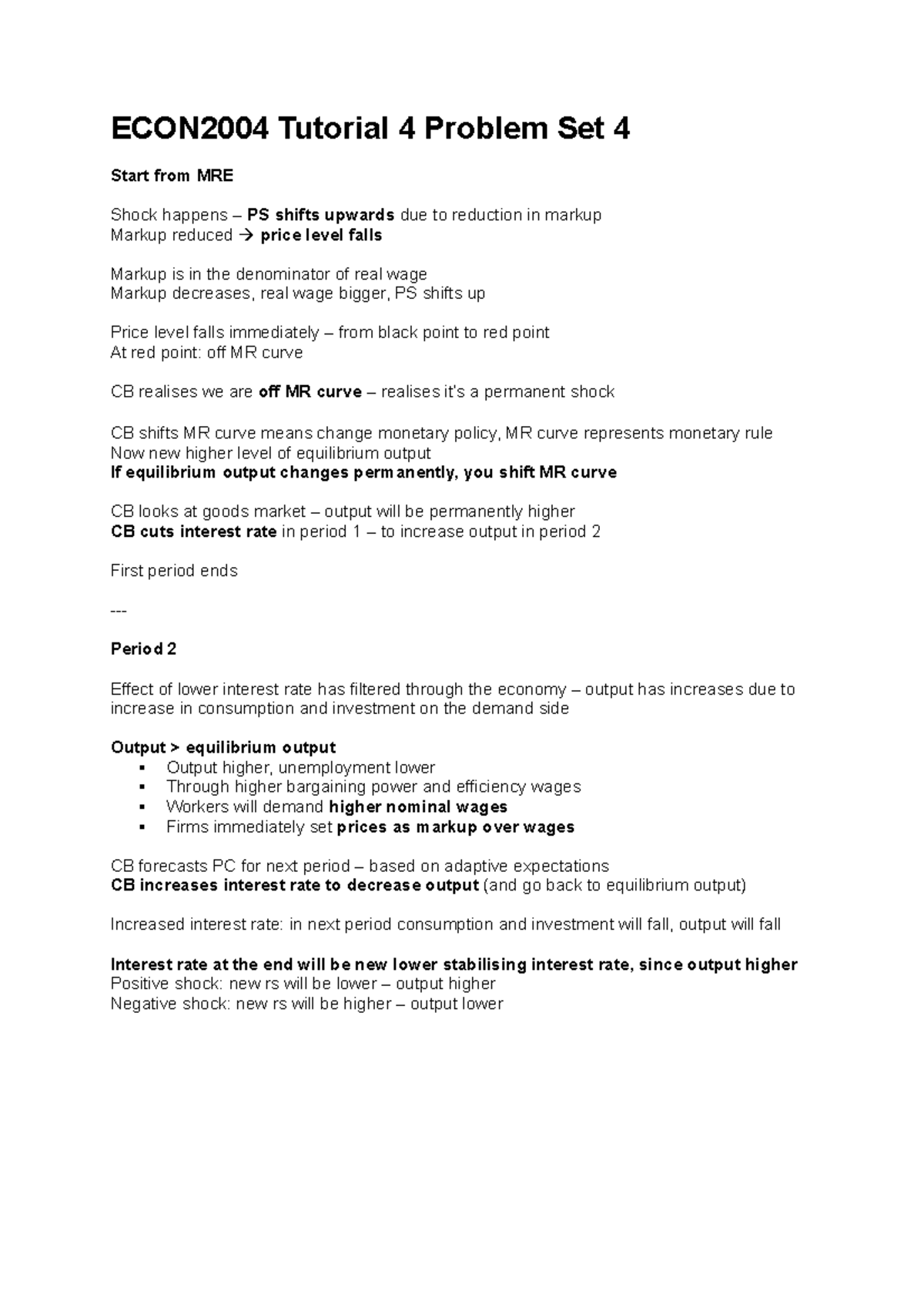 ECON2004 Term 1 Tutorial 4 - ECON2004 Tutorial 4 Problem Set 4 Start from MRE Shock happens – PS ...