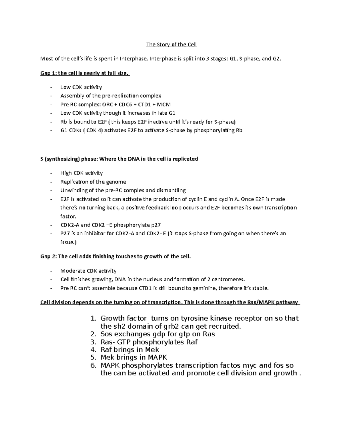 Study guide 1 - cell bio notes - The Story of the Cell Most of the cell ...
