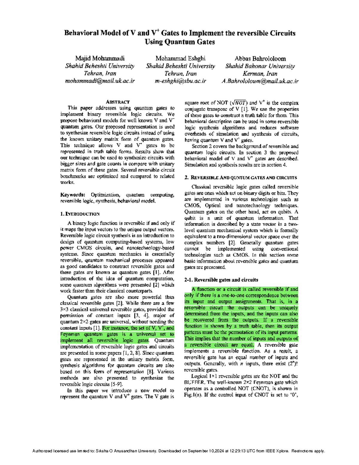 Behavioral model of V and V gates to implement the reversible circuits ...