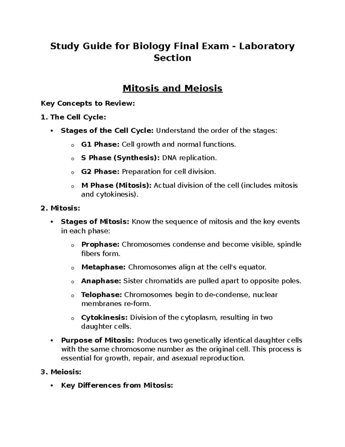 Study Guide for Biology Final Exam (LAB) - The Cell Cycle: Stages of ...