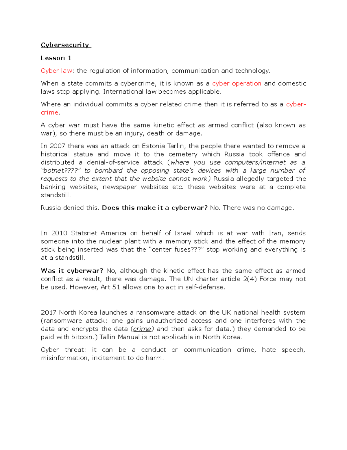 Lecture Notes Cybersecurity - Cybersecurity Lesson 1 Cyber law: the ...