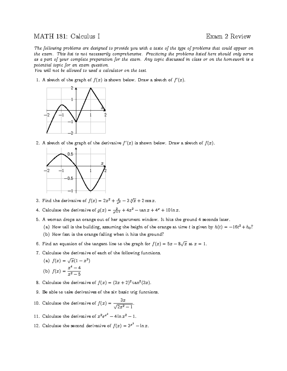 Calculus I Exam 2 Review - MATH 181: Calculus I Exam 2 Review The ...