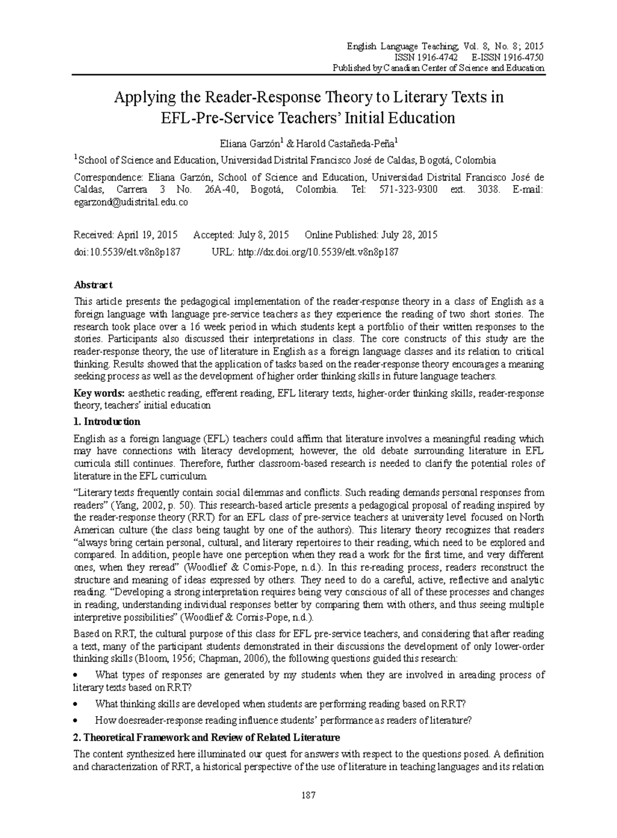 RA for Reader Response Criticism - English Language Teaching; Vol. 8 ...