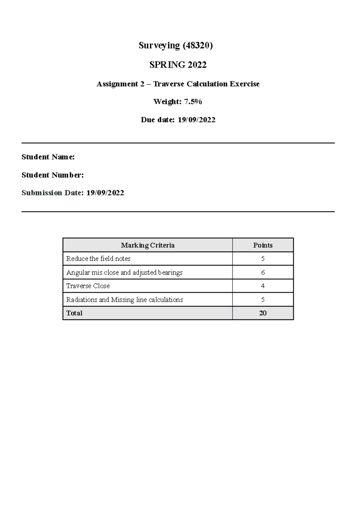 Assignment 2 - Traverse Calculation Excercise - Surveying (48320) SPRING 2022 Assignment 2 ...