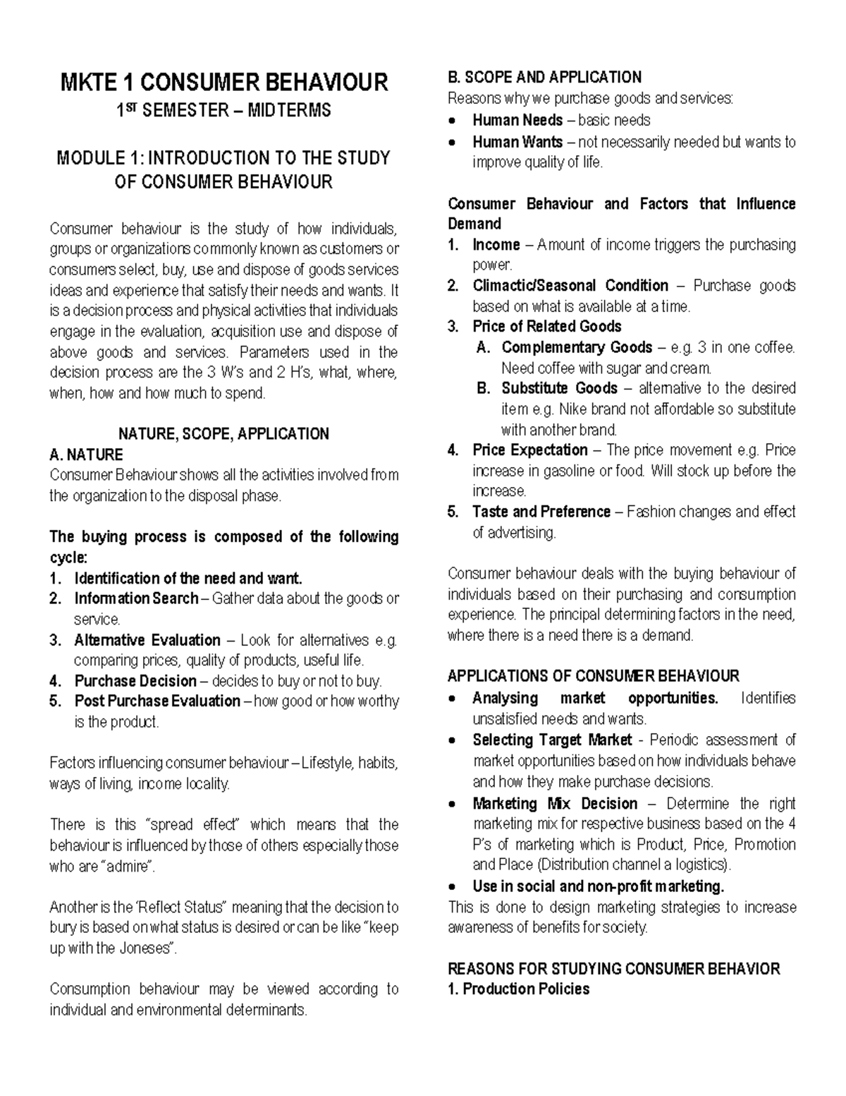 MKTE 1 Consumer Behaviour Reviewer - MKTE 1 CONSUMER BEHAVIOUR 1 ST ...