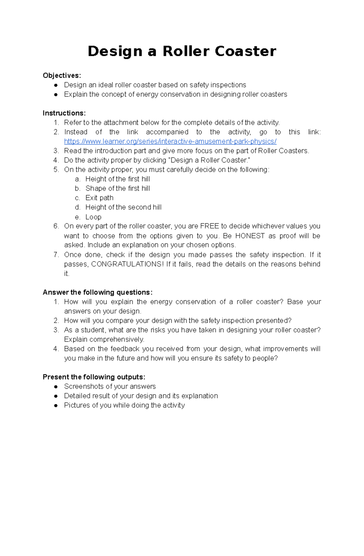 Design a Roller Coaster - Design a Roller Coaster Objectives: Design an ...