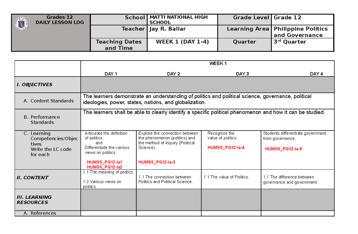 PPG Week a The Concepts of Politics and Governance - Grades 12 DAILY ...