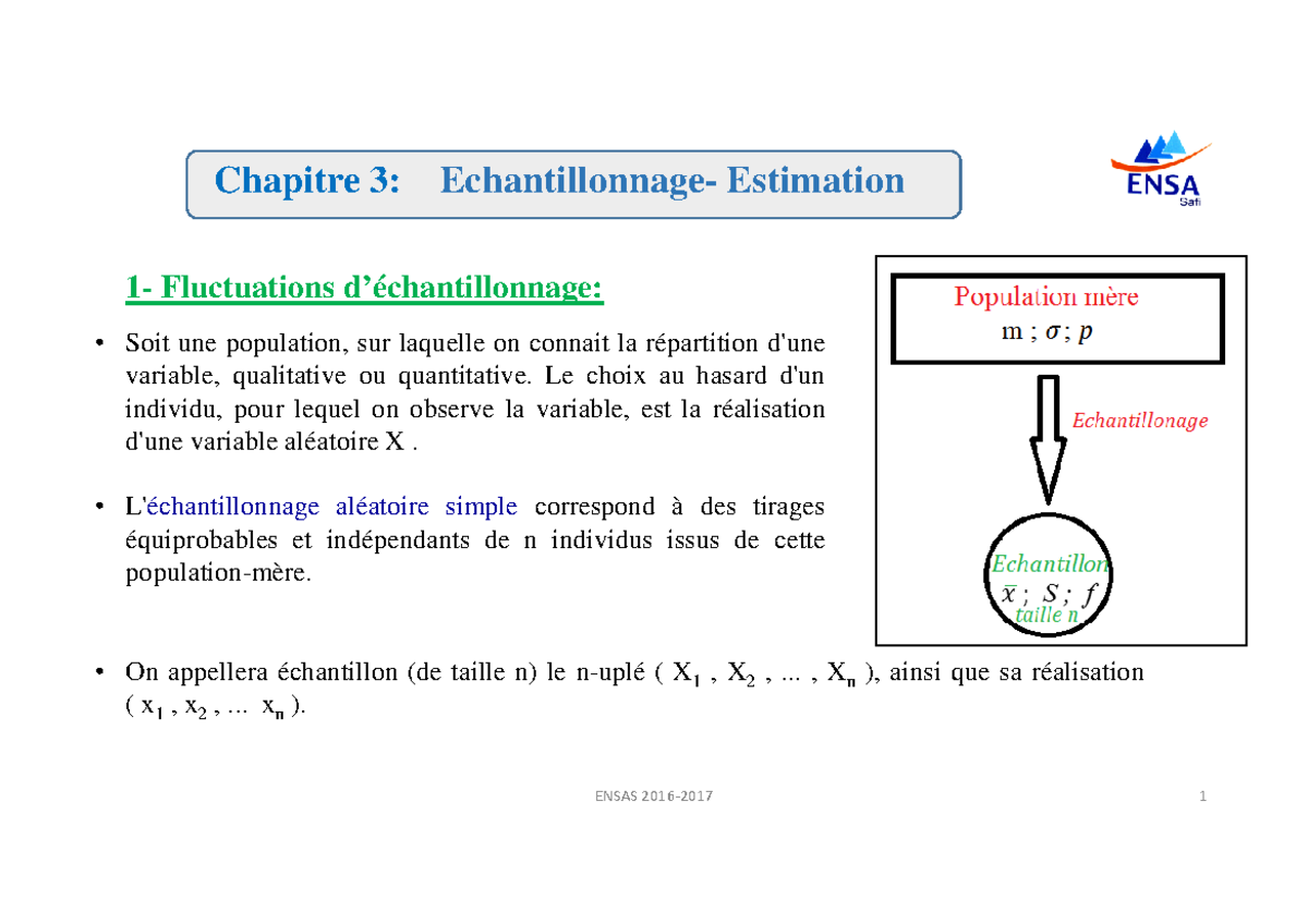 Echantillonage-Estimation - • Soit une population, sur laquelle on ...