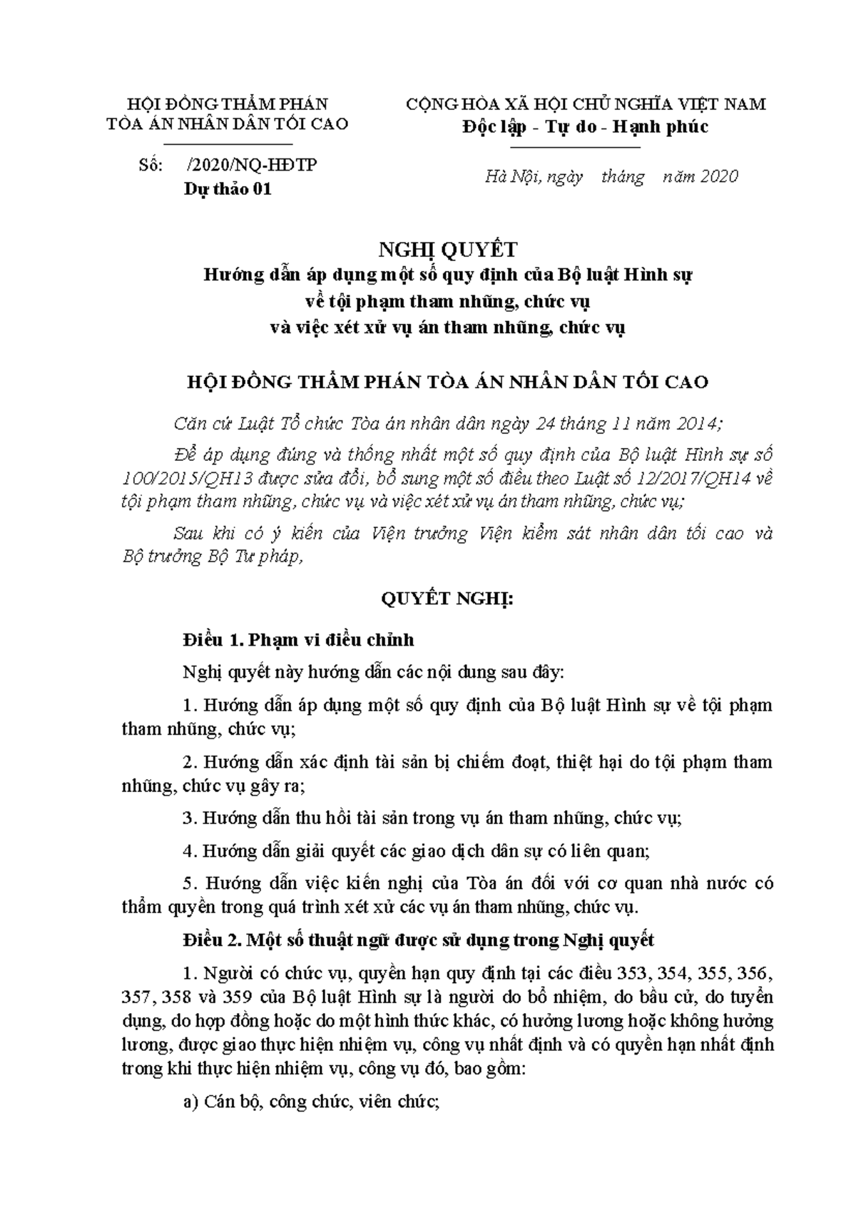 Nghi quyet huong dan ap dung mot so quy dinh cua Bo luat Hinh su ve toi pham tham nhung, chuc vu ...
