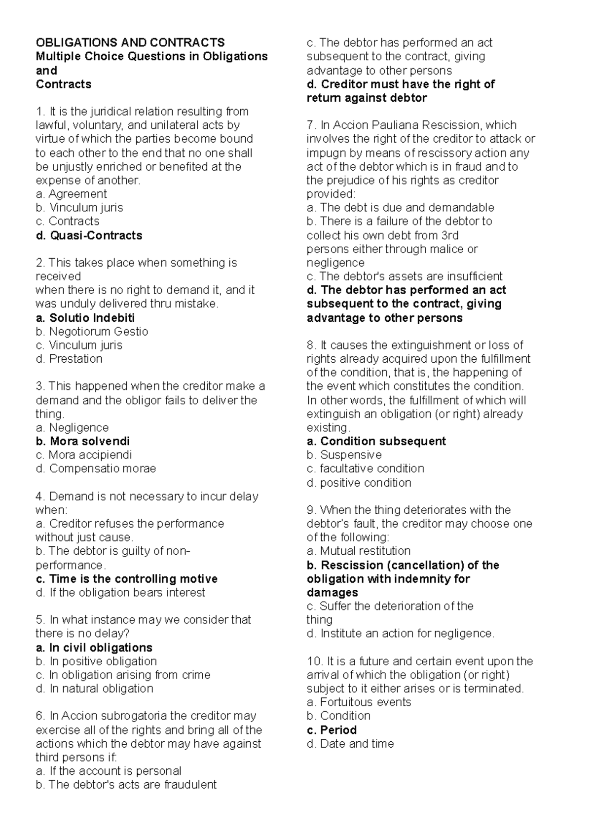 Obligations AND Contracts - OBLIGATIONS AND CONTRACTS Multiple Choice Questions in Obligations ...