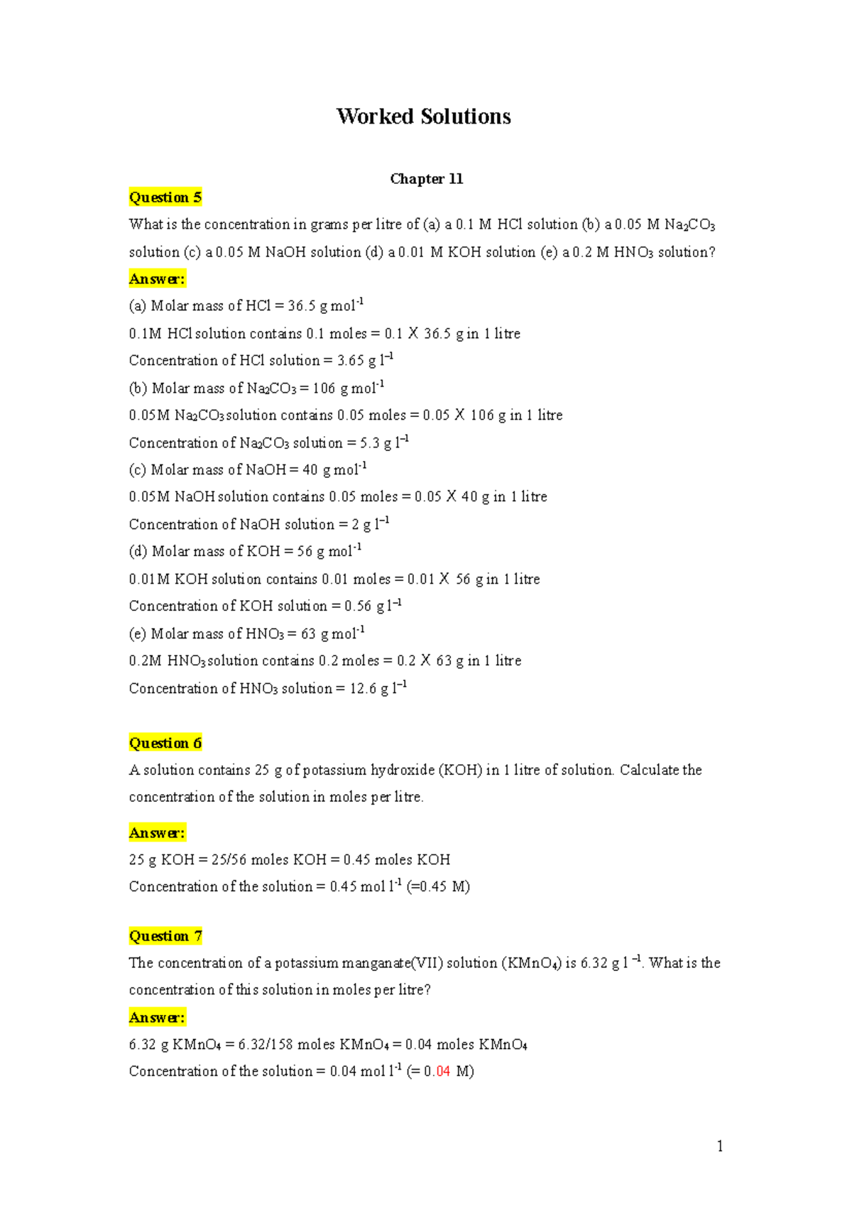 Uc worked solutions ch 11 - Worked Solutions Chapter 11 Question 5 What is the concentration in ...