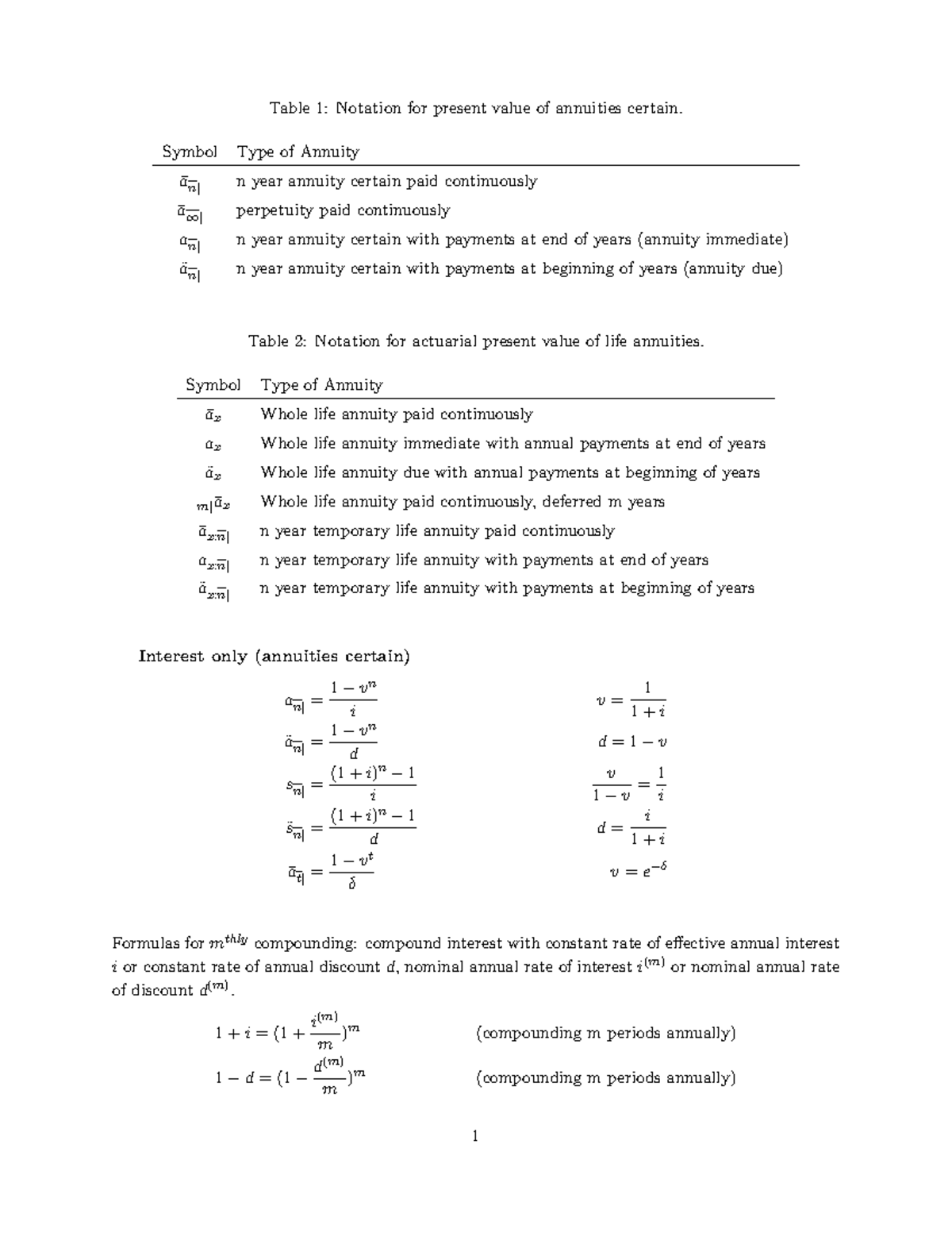 Lecture notes - Financial Management - Annuities - Table 1: Notation ...
