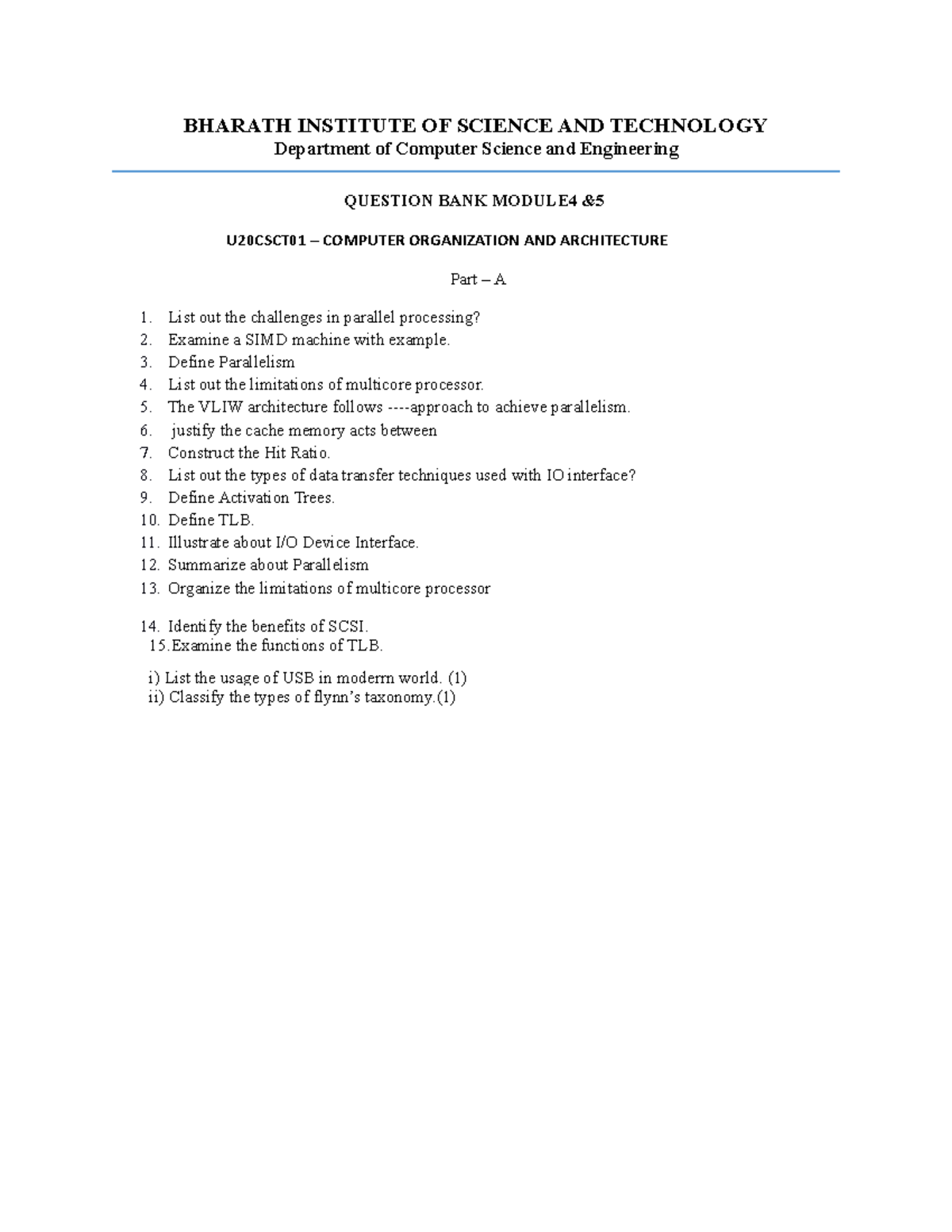 Question bank for COA - BHARATH INSTITUTE OF SCIENCE AND TECHNOLOGY Department of Computer ...