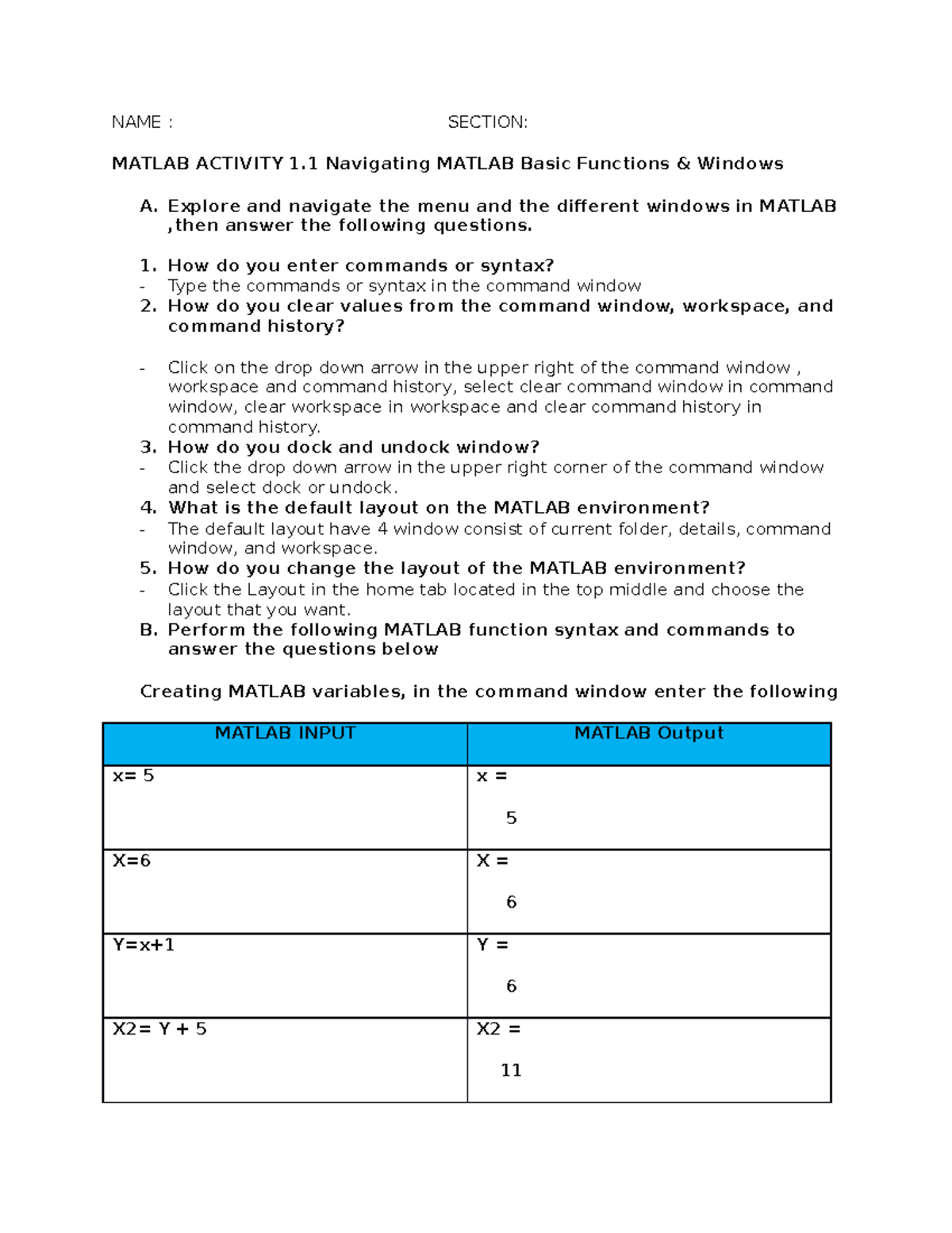 Matlab 1 1 Navigating Matlab Windows And Basic Functions Name