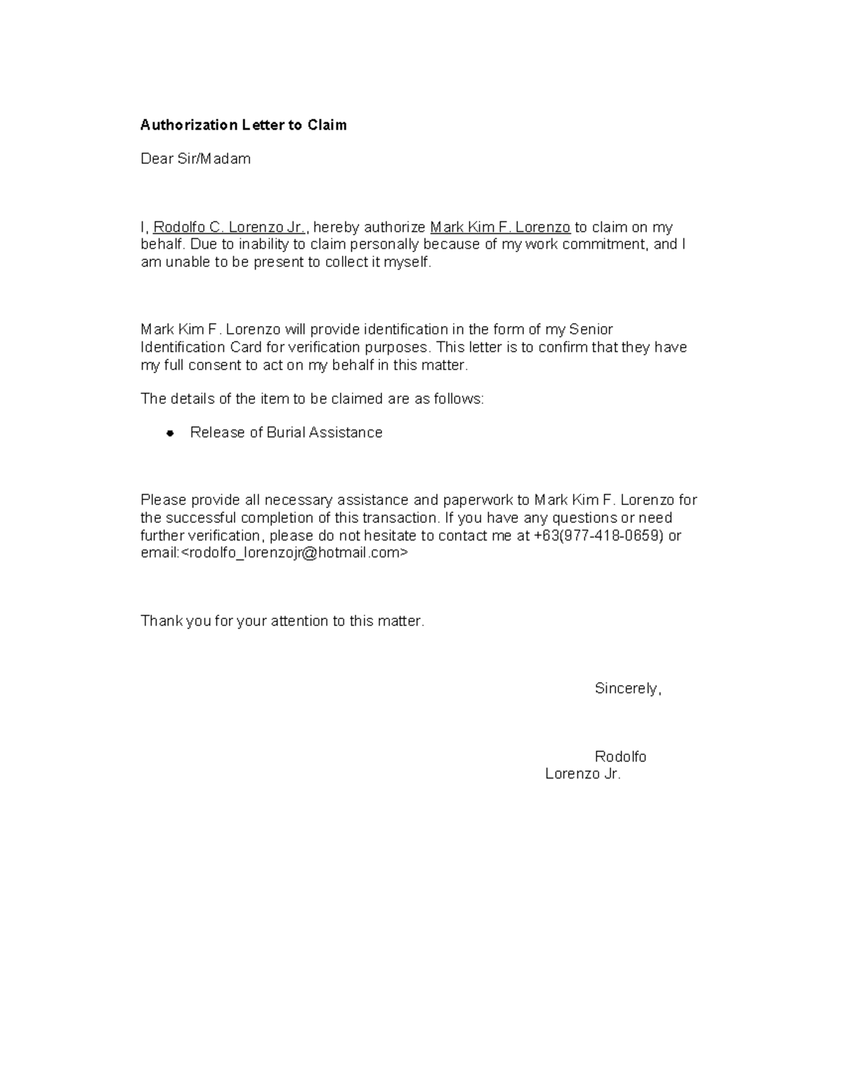 Authorization to claim - Authorization Letter to Claim Dear Sir/Madam I ...