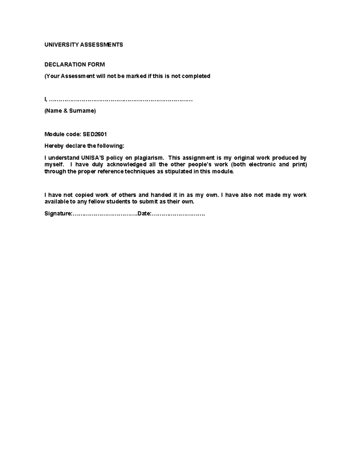 SED2601 Declaration form - UNIVERSITY ASSESSMENTS DECLARATION FORM ...