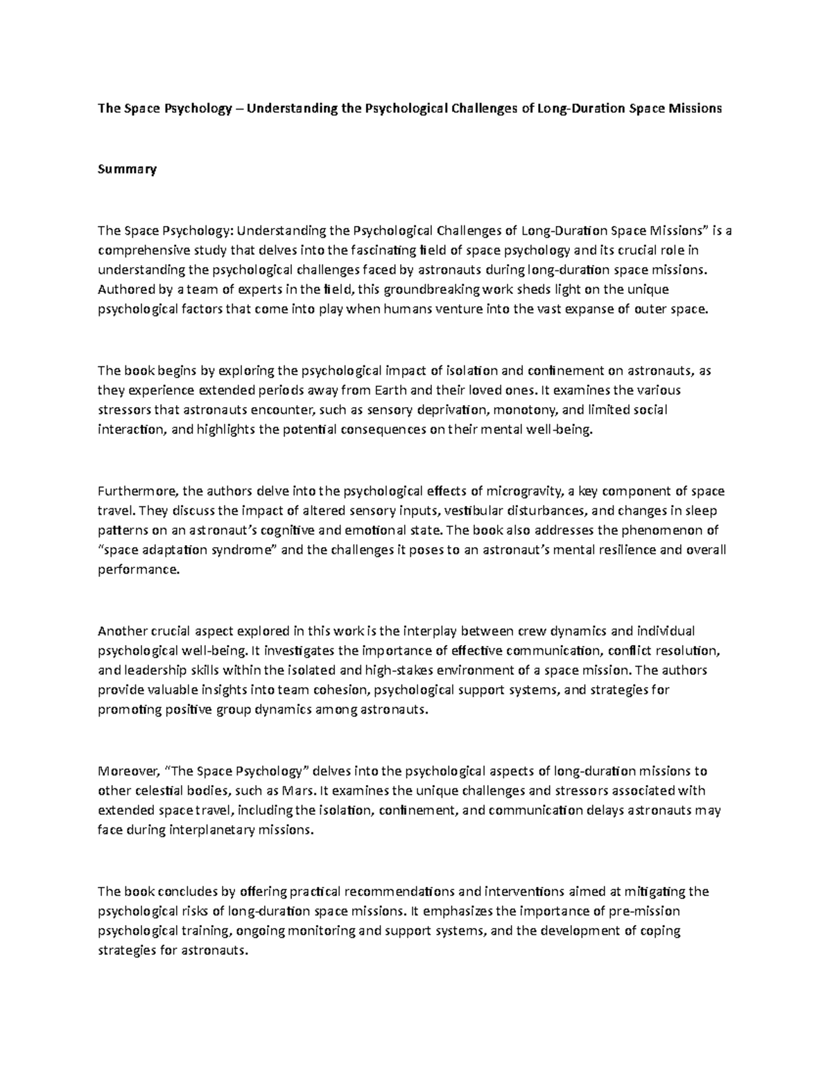 The Space Psychology – Understanding the Psychological Challenges of ...