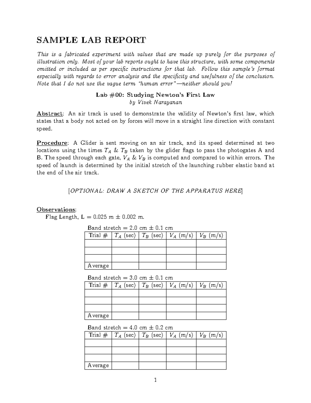 Samplelabreport - SAMPLE LAB REPORT This is a fabricated experiment ...