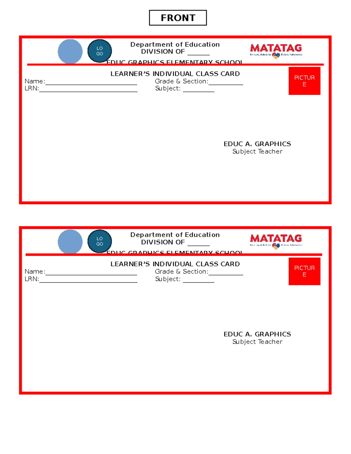 Class card-RED - NOne - FRONT Department of Education DIVISION OF ...