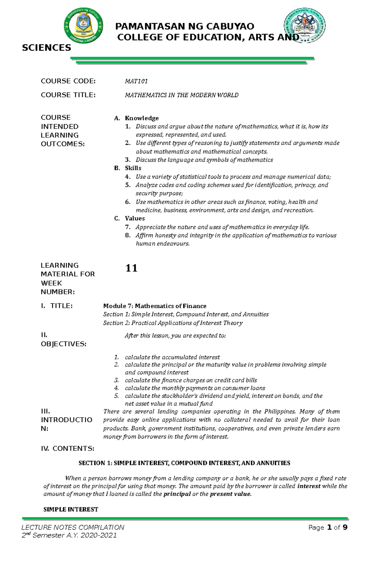 Notes - Mathematics of Finance - COLLEGE OF EDUCATION, ARTS AND ...