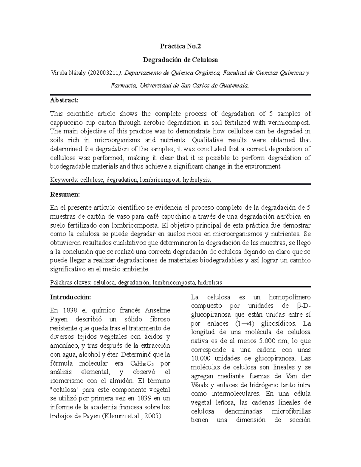 Artículo Cientifico 3 - afsdfdsfsdf - Práctica No. Degradación de ...